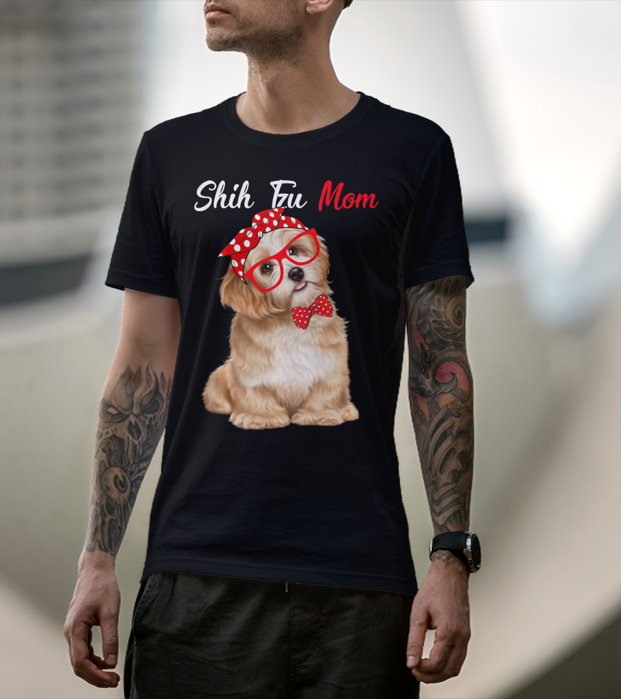 Shih Tzu Mom Red Glasses And Polka Dot Bow Accessories T-Shirt