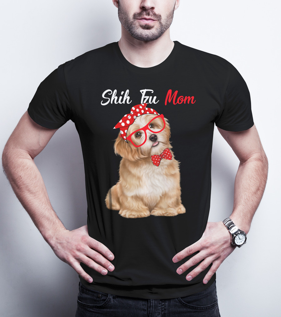 Shih Tzu Mom Red Glasses And Polka Dot Bow Accessories T-Shirt