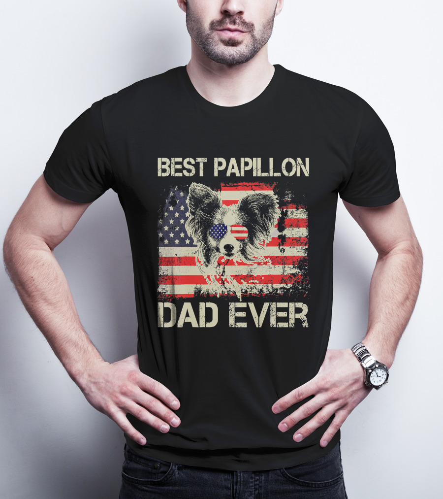 BEST PAPILLON DAD EVER American Flag Papillon T-Shirt