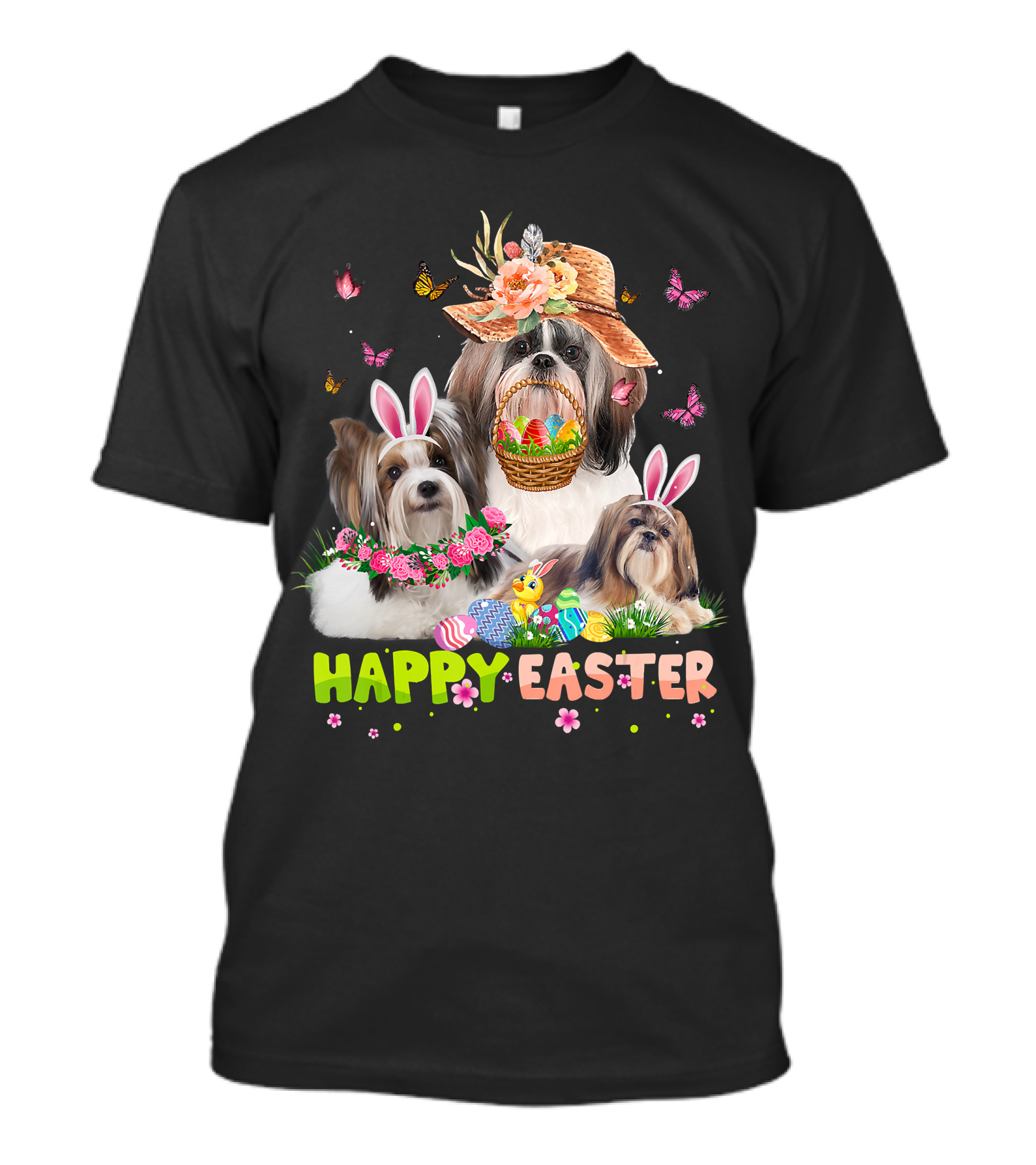 Shih Tzu Dogs With Bunny Ears And Easter Eggs Celebrating Happy Easter T-Shirt