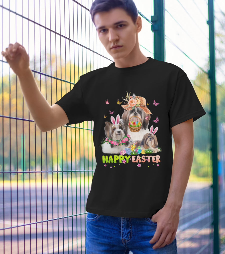Shih Tzu Dogs With Bunny Ears And Easter Eggs Celebrating Happy Easter T-Shirt