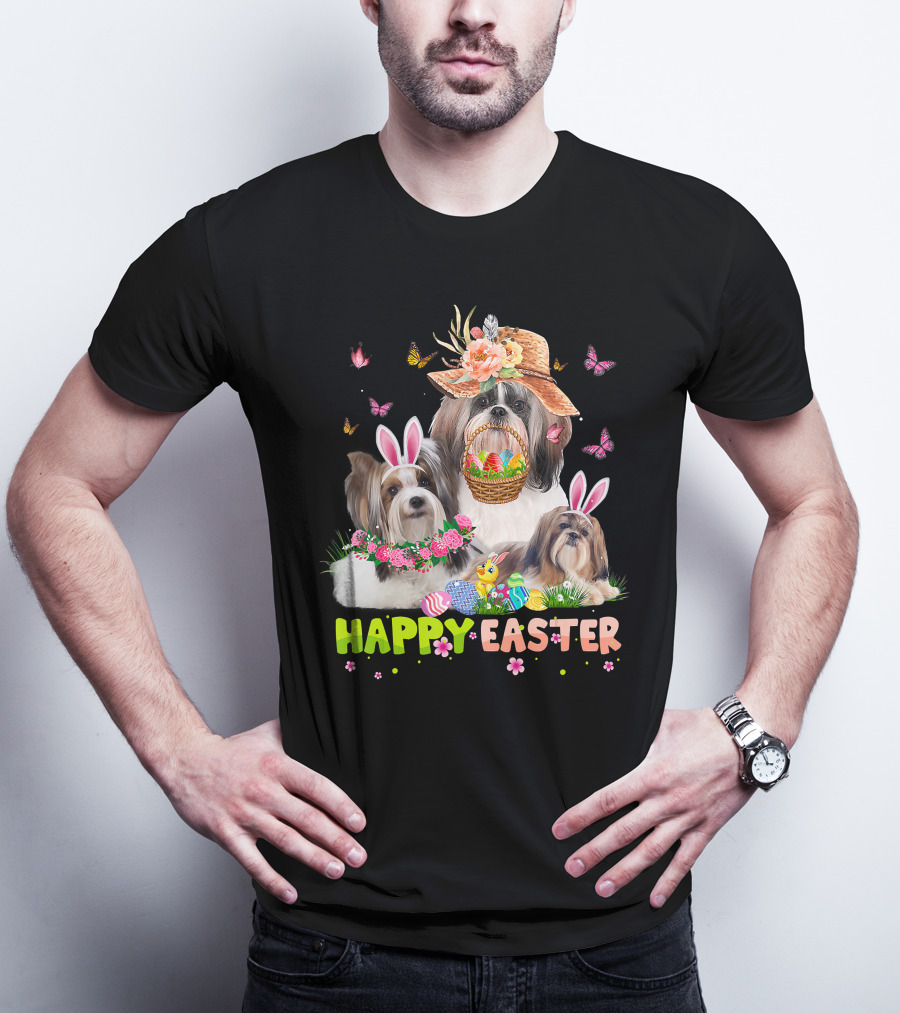 Shih Tzu Dogs With Bunny Ears And Easter Eggs Celebrating Happy Easter T-Shirt