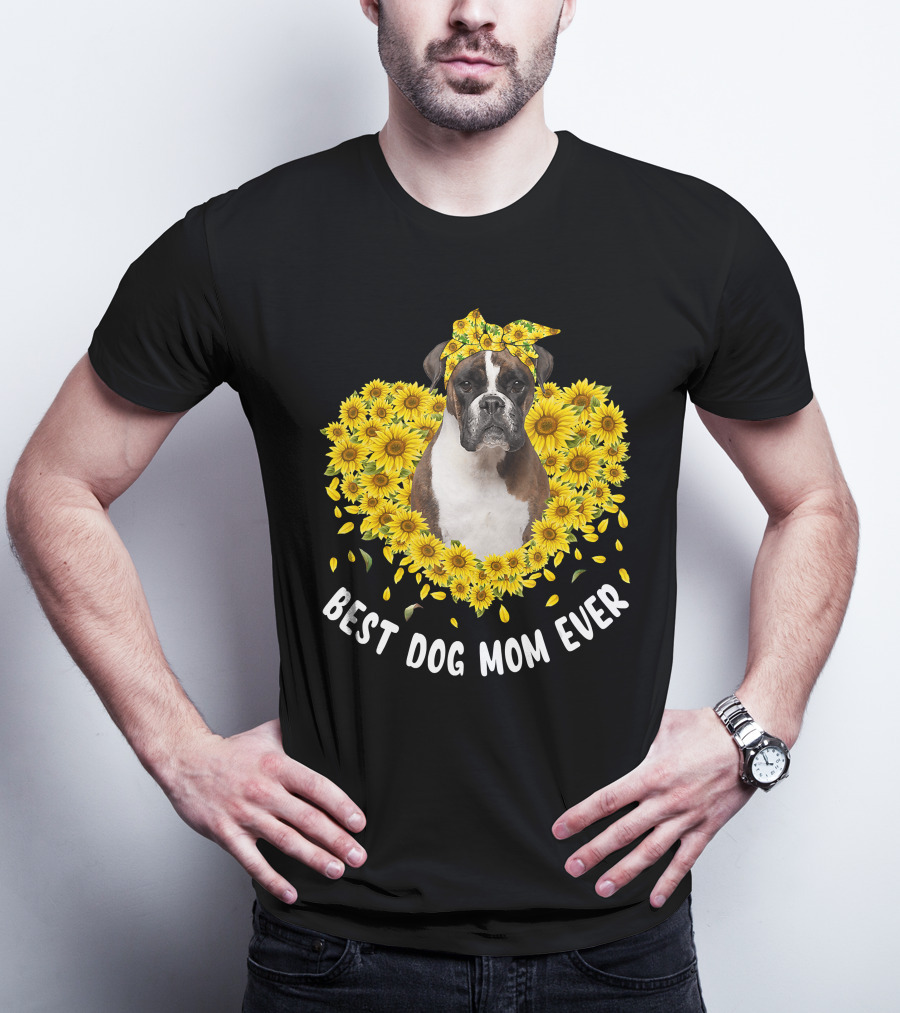 Best Dog Mom Ever Boxer Surrounded By Sunflowers T-Shirt