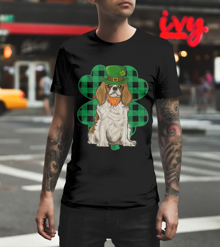 King Charles Spaniel Leprechaun With Shamrock Hat And Plaid Clover T-Shirt