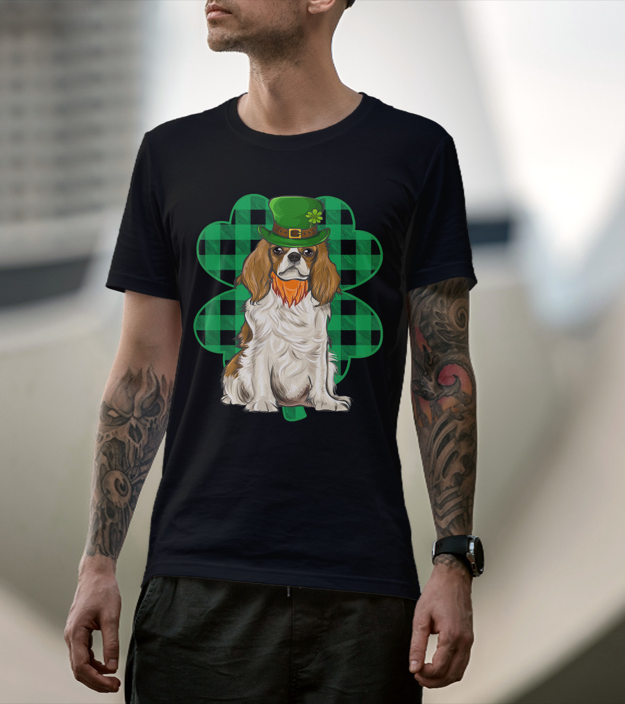 King Charles Spaniel Leprechaun With Shamrock Hat And Plaid Clover T-Shirt