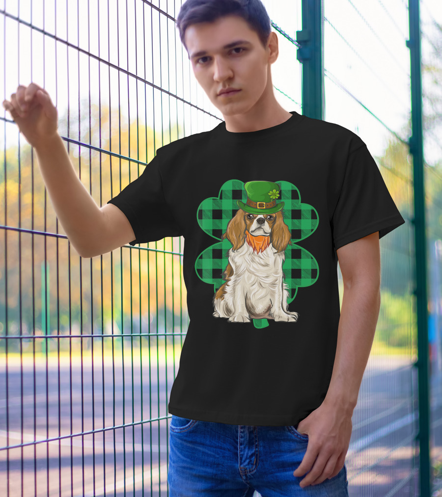 King Charles Spaniel Leprechaun With Shamrock Hat And Plaid Clover T-Shirt