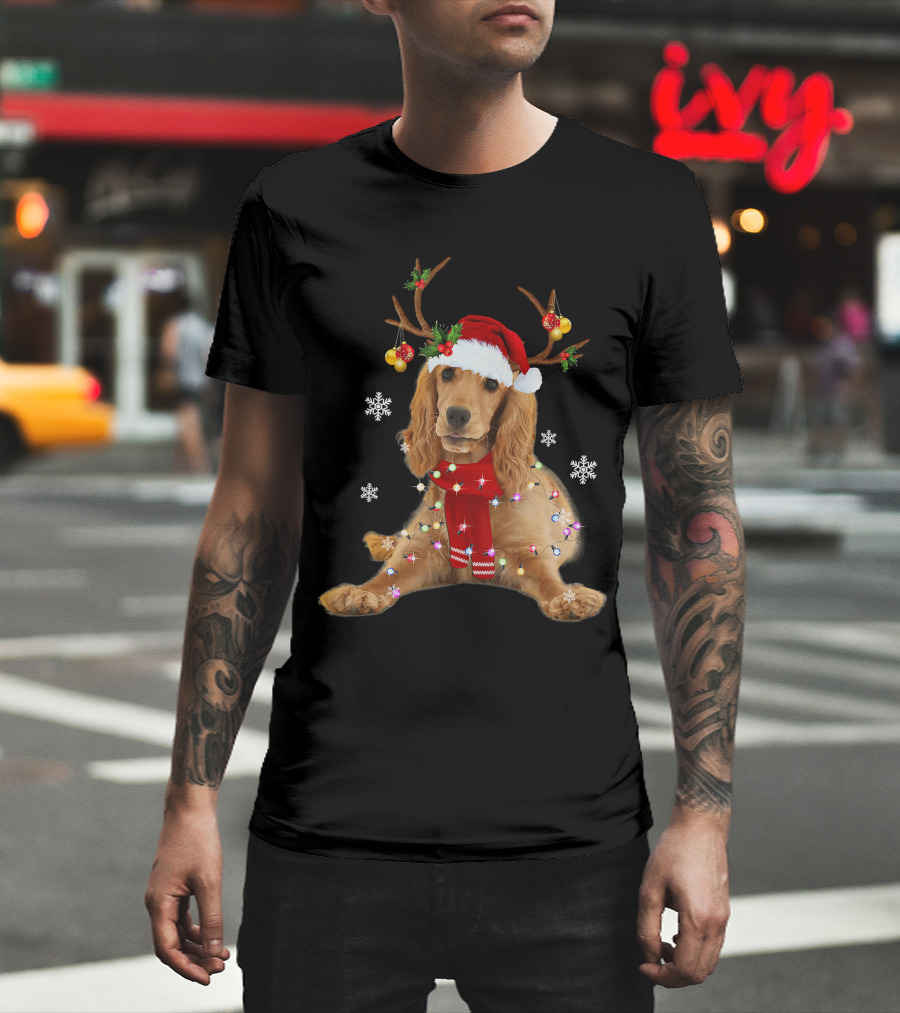 Cocker Spaniel In Santa Hat With Christmas Lights And Reindeer Antlers T-Shirt
