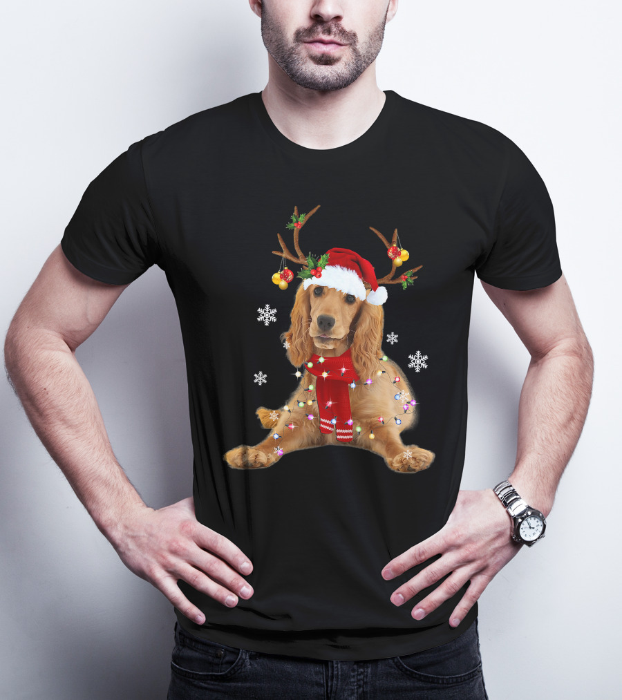 Cocker Spaniel In Santa Hat With Christmas Lights And Reindeer Antlers T-Shirt