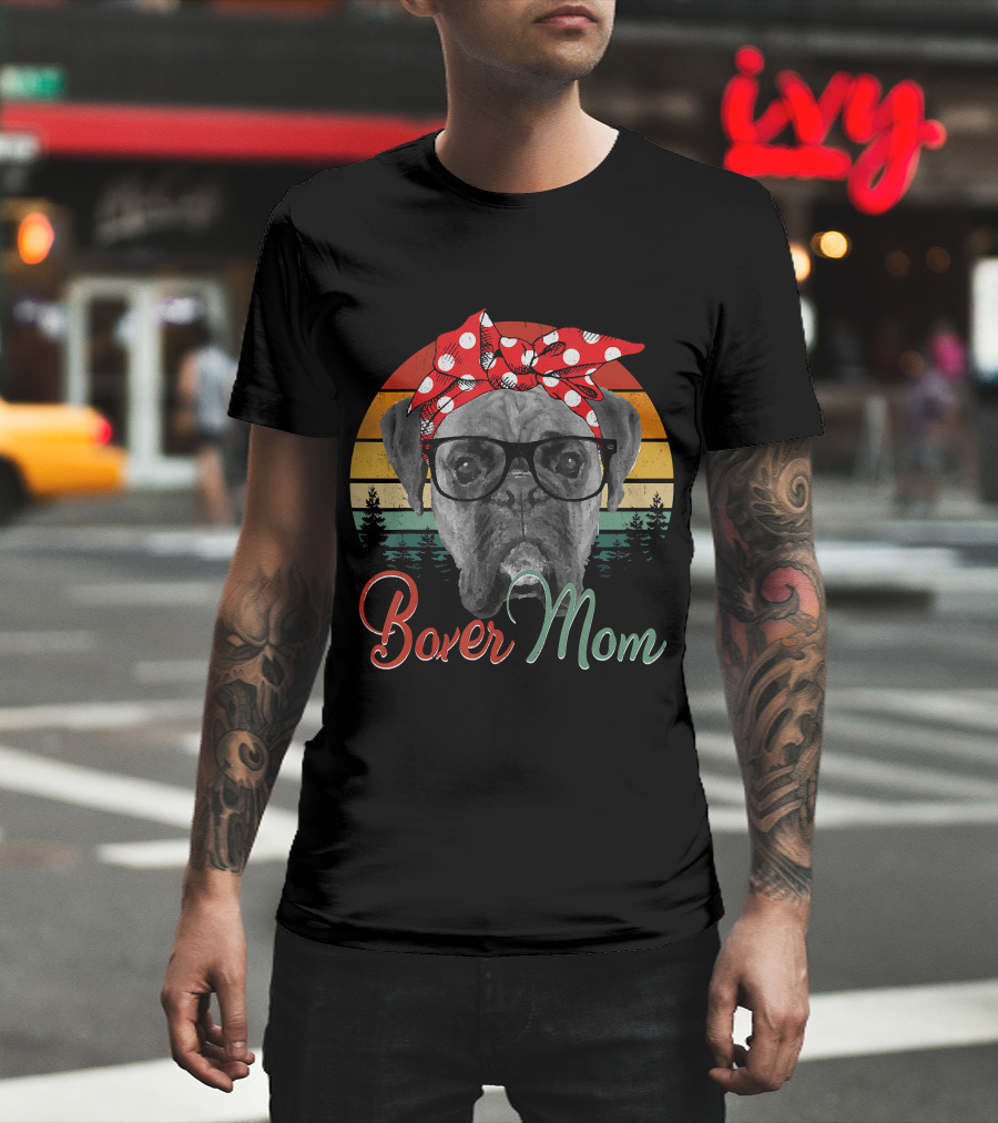Boxer Mom Boxer Dog Lovers Retro Glasses And Polka Dot Bandana T-Shirt