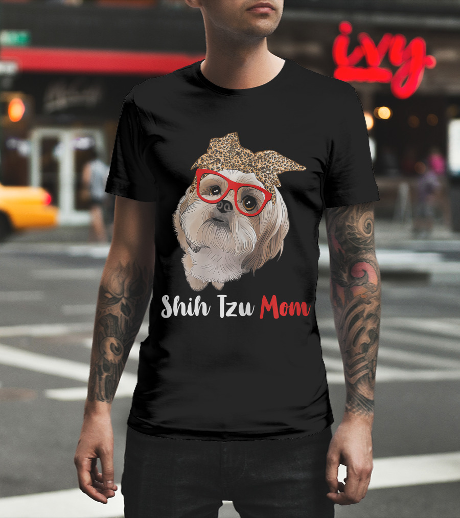 Shih Tzu Mom Leopard Print Bow Cute Dog Lover Red Glasses T-Shirt