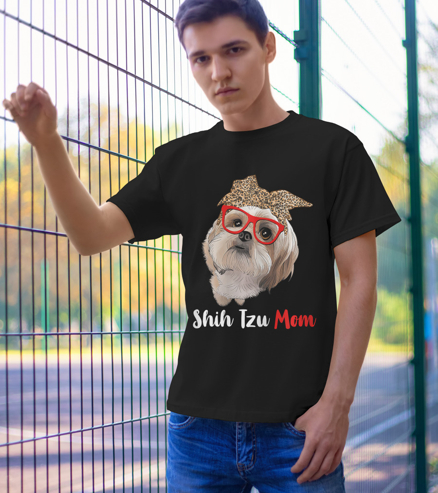 Shih Tzu Mom Leopard Print Bow Cute Dog Lover Red Glasses T-Shirt