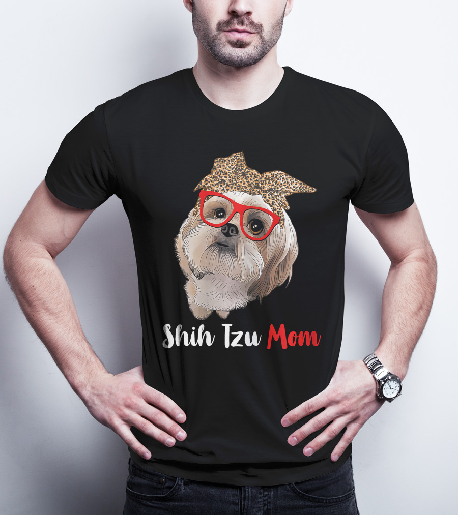 Shih Tzu Mom Leopard Print Bow Cute Dog Lover Red Glasses T-Shirt