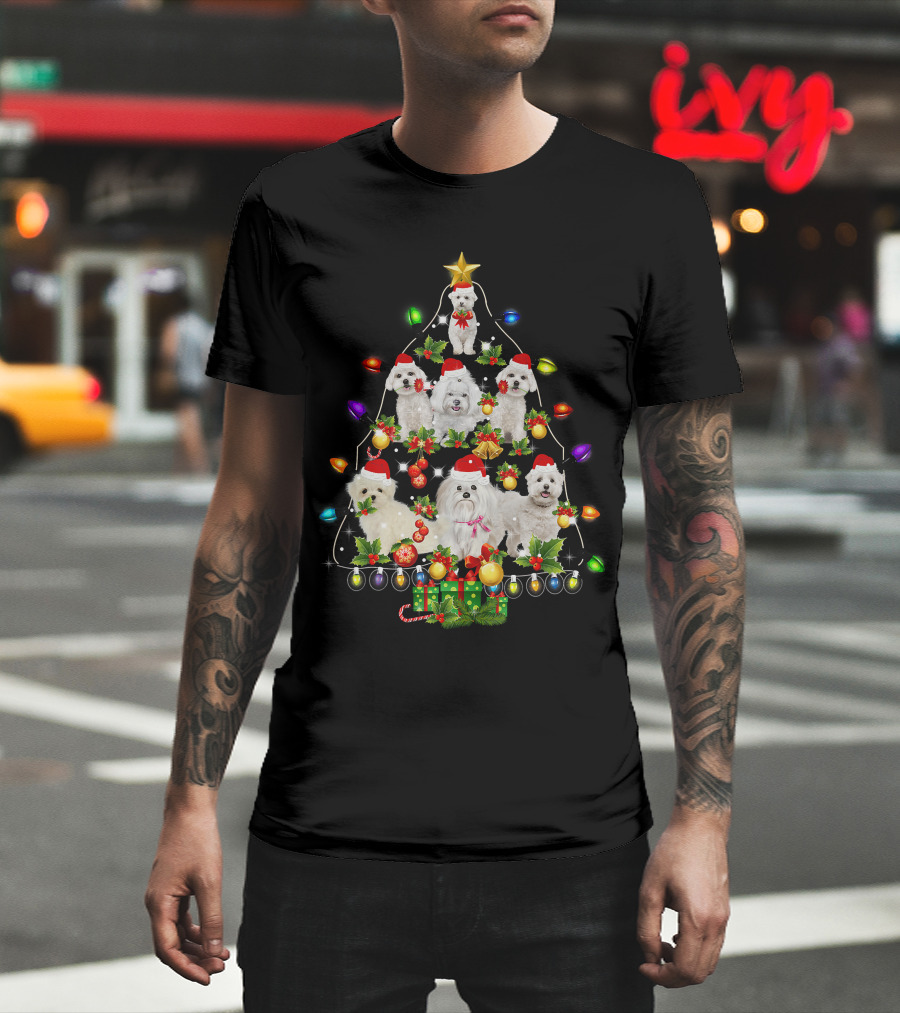 Maltese Christmas Tree Santa Funny Dogs Lights Holiday T-Shirt
