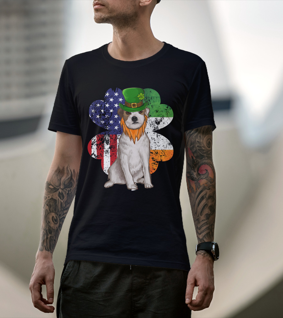 Irish American Parson Terrier Wearing Leprechaun Hat With USA And Ireland Flags Shamrock St. Patrick's Day T-Shirt