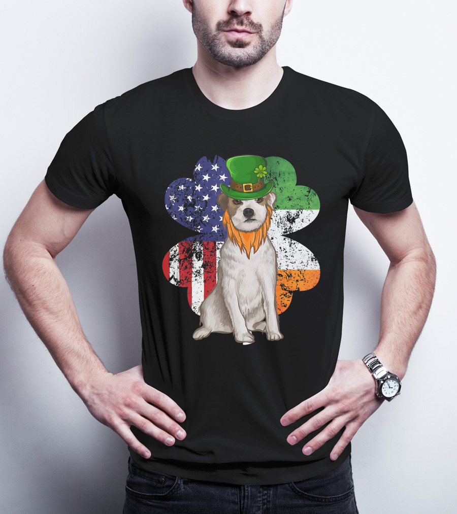Irish American Parson Terrier Wearing Leprechaun Hat With USA And Ireland Flags Shamrock St. Patrick's Day T-Shirt