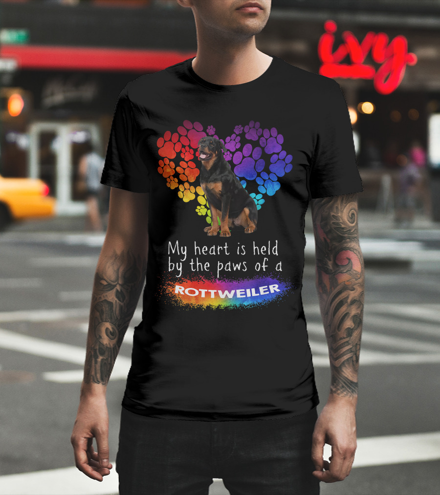 My Heart Is Held By The Paws Of A Rottweiler Rainbow Paw Print Heart T-Shirt