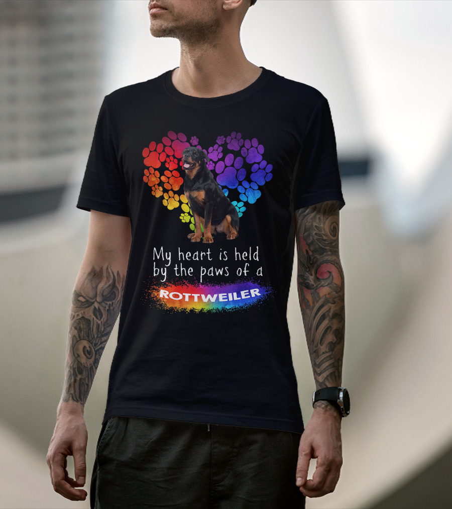 My Heart Is Held By The Paws Of A Rottweiler Rainbow Paw Print Heart T-Shirt