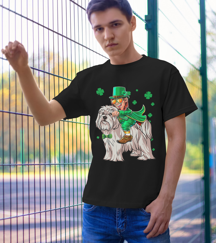 Leprechaun Riding Maltese Dog With Shamrocks T-Shirt
