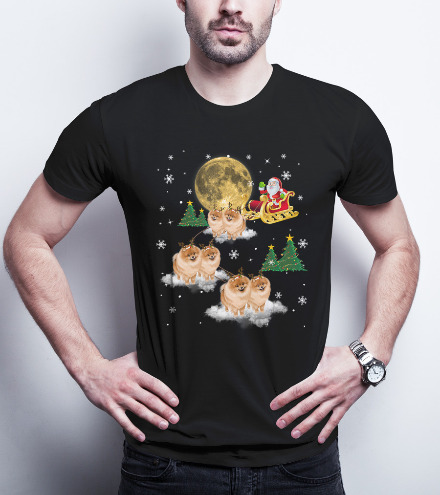 Pomeranian Christmas Santa Sled With Reindeer Funny Dog Love T-Shirt