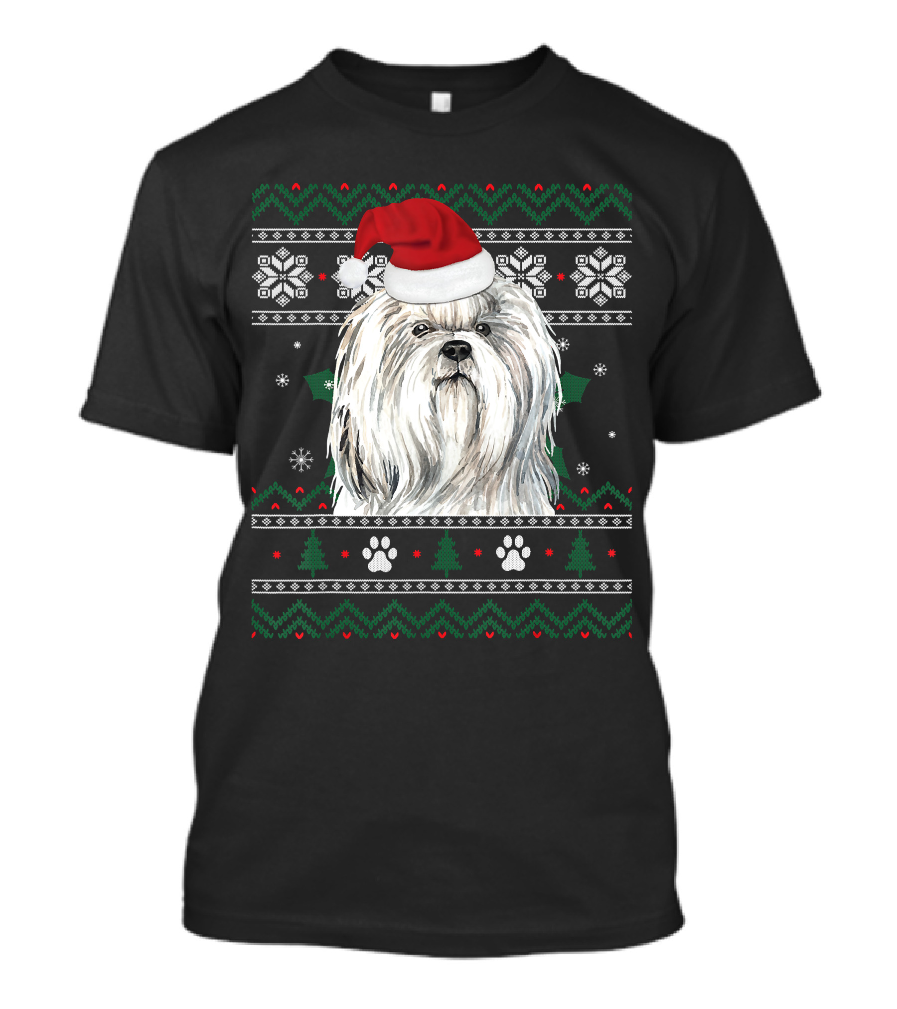 Cute Shih Tzu Dog Wears Santa Hat Christmas Pattern Snowflakes And Trees T-Shirt