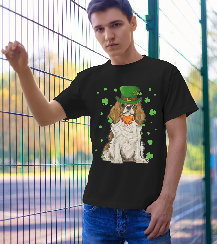 St Patricks Day Cavalier King Charles Spaniel Green Hat Clover T-Shirt