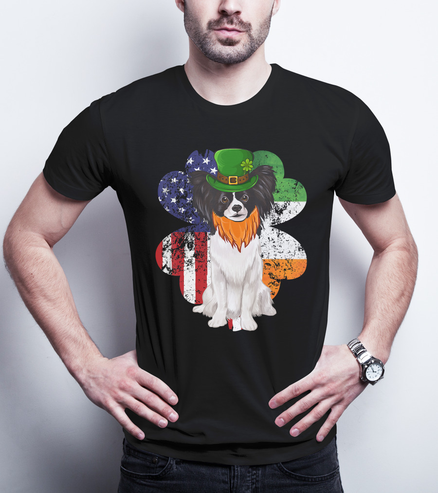 St Patricks Day Irish American Flag Papillon Dog With Leprechaun Hat And Shamrock T-Shirt