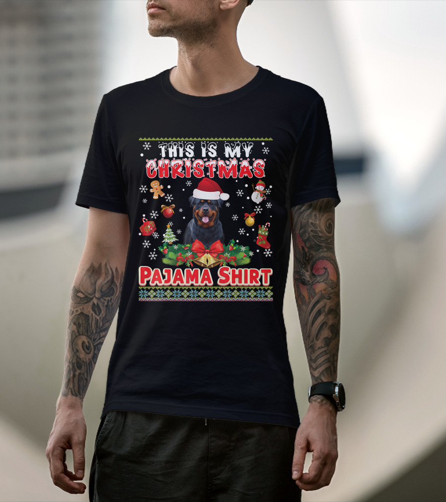 This Is My Christmas Pajama Shirt Rottweiler Santa Hat Gingerbread Snowman Pine Trees T-Shirt