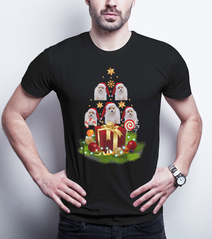 Santa Pomeranian Christmas Tree With Presents And Candy Canes T-Shirt