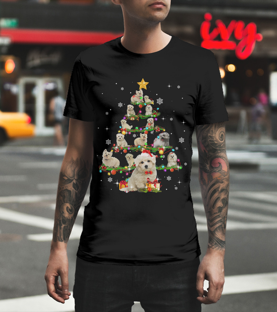 Maltese Christmas Tree With Santa Hat And Paw Up T-Shirt
