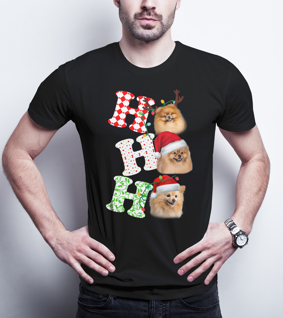 Ho Ho Ho Pomeranian Santa Hat Reindeer Antlers Christmas T-Shirt