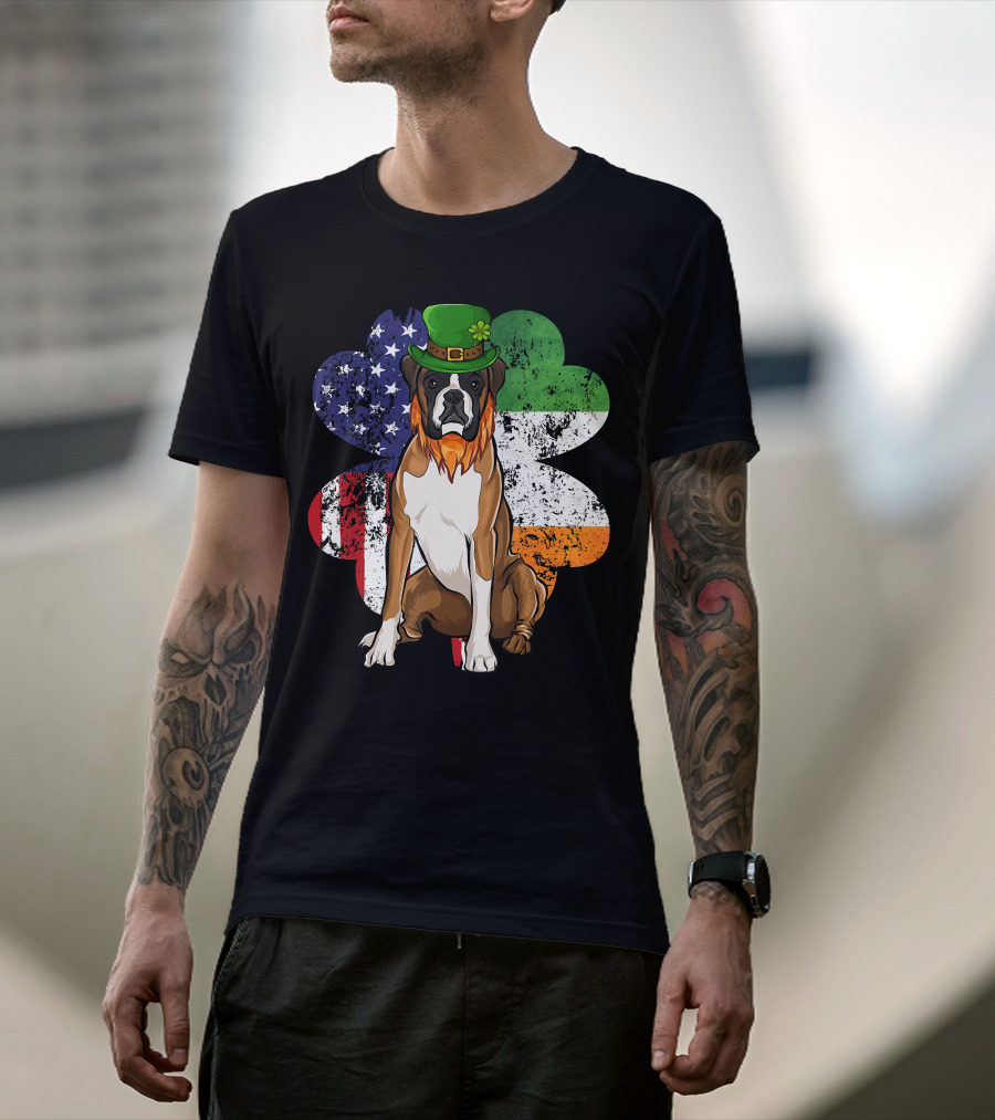 St Patricks Day Boxer Dog With Irish American Flag Shamrock T-Shirt