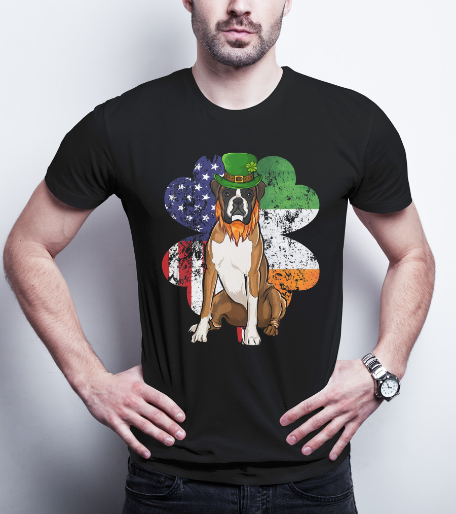 St Patricks Day Boxer Dog With Irish American Flag Shamrock T-Shirt