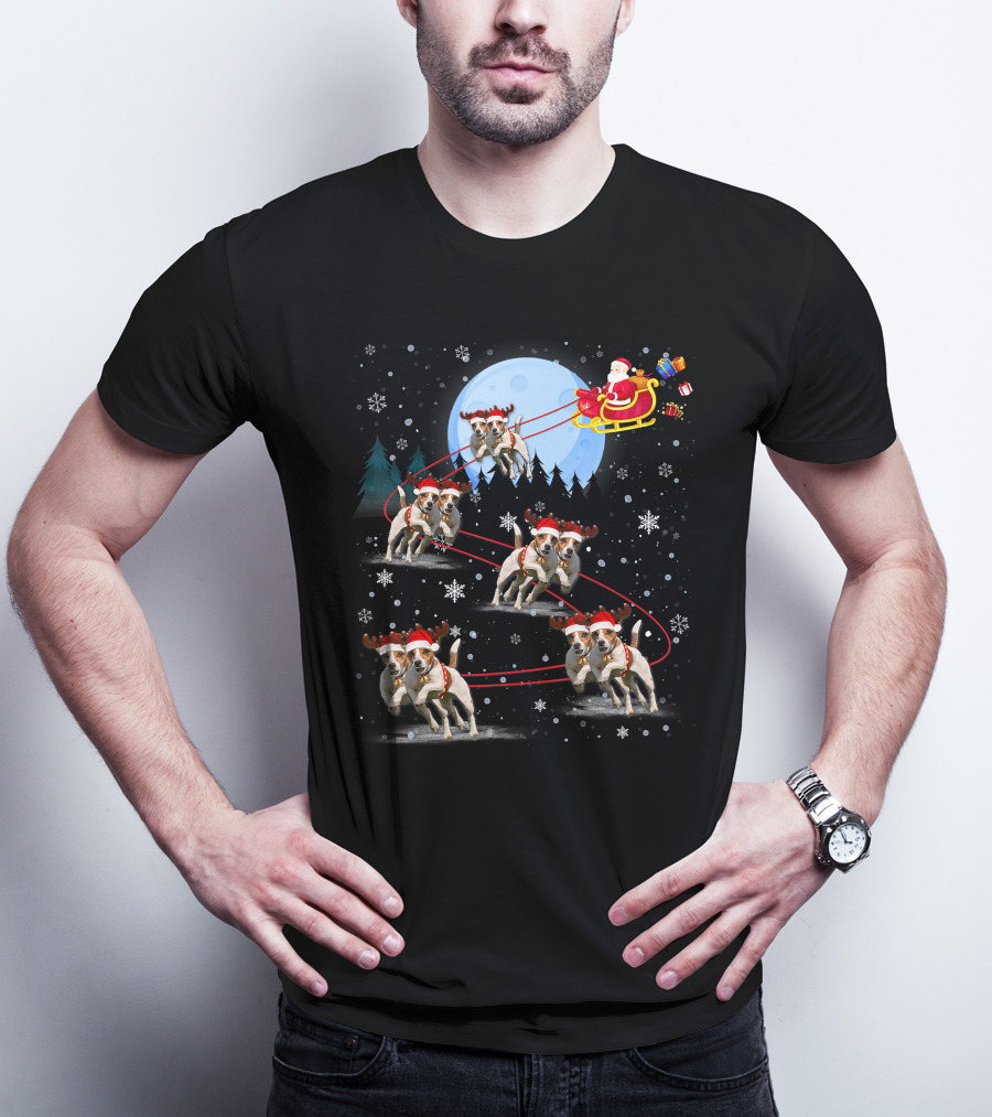 Jack Russell Reindeer Pulling Santa Sleigh Under Moonlit Snowfall T-Shirt
