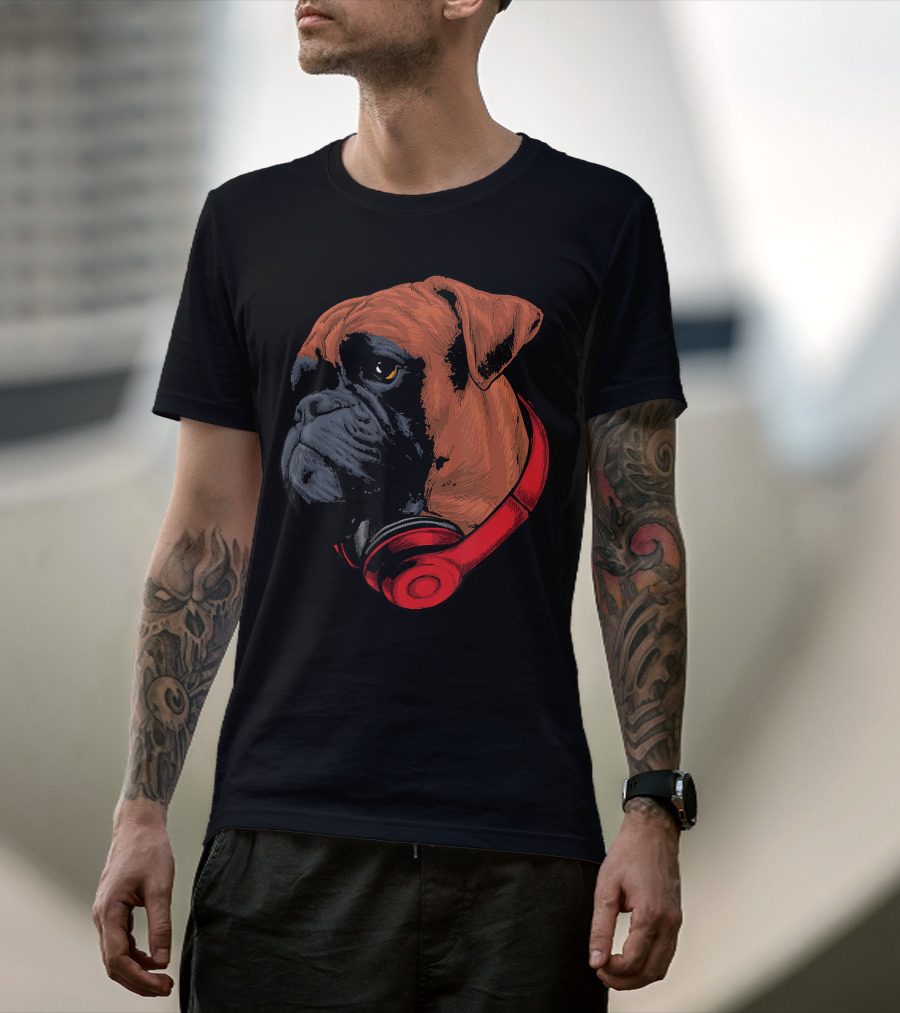 Boxer Dog With Red Headphones Cool Gaming T-Shirt