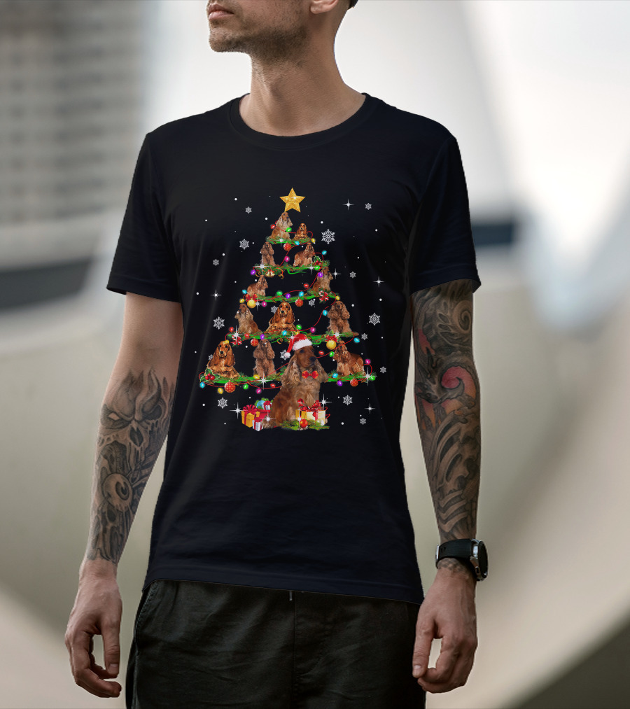 American Cocker Spaniel Christmas Tree Santa Hat Snowflakes Gifts T-Shirt