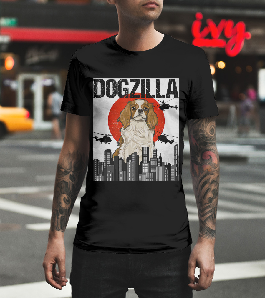 Funny Japanese Dogzilla Cavalier King Charles Helicopter City Skyline T-Shirt