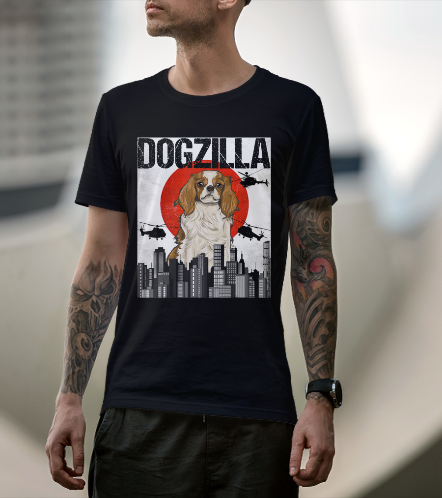 Funny Japanese Dogzilla Cavalier King Charles Helicopter City Skyline T-Shirt