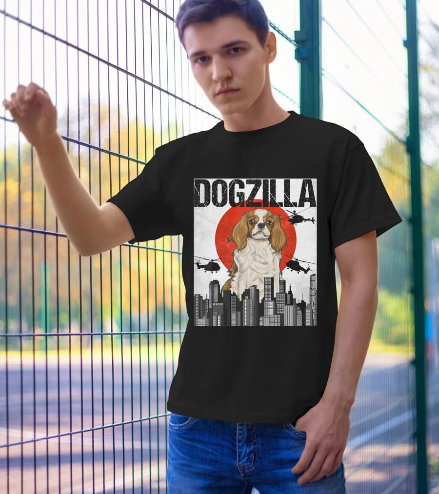 Funny Japanese Dogzilla Cavalier King Charles Helicopter City Skyline T-Shirt