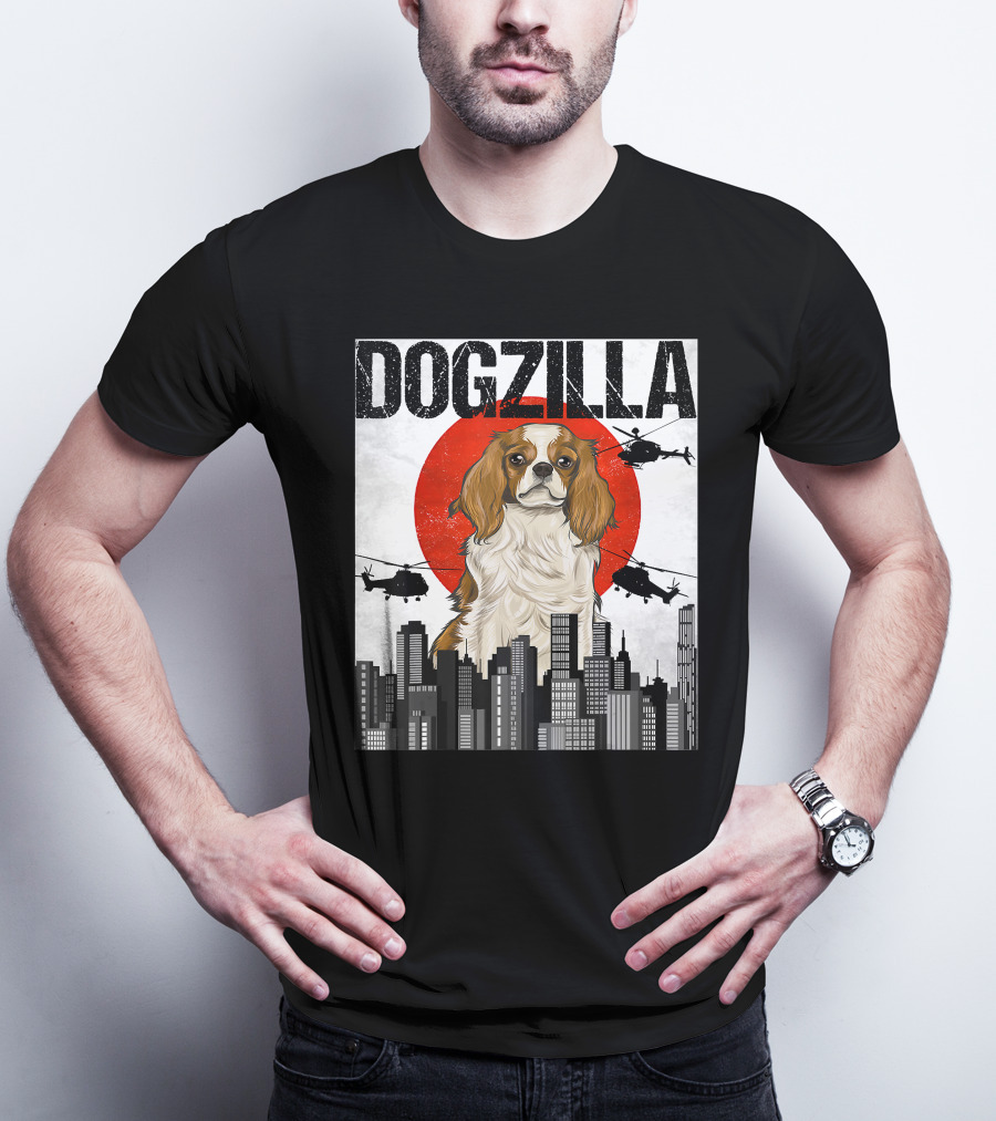 Funny Japanese Dogzilla Cavalier King Charles Helicopter City Skyline T-Shirt