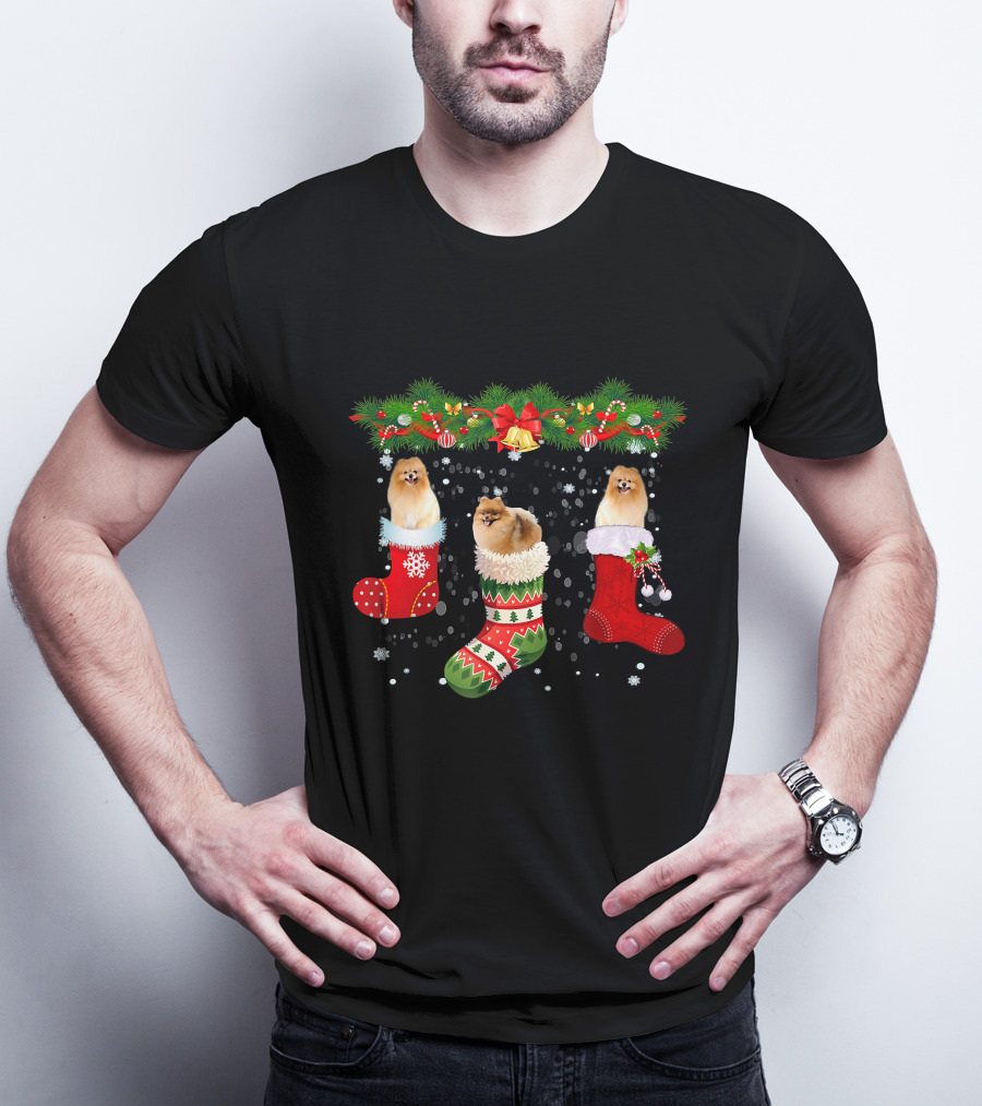 Three Pomeranian Dogs In Christmas Stockings Santa Holiday T-Shirt