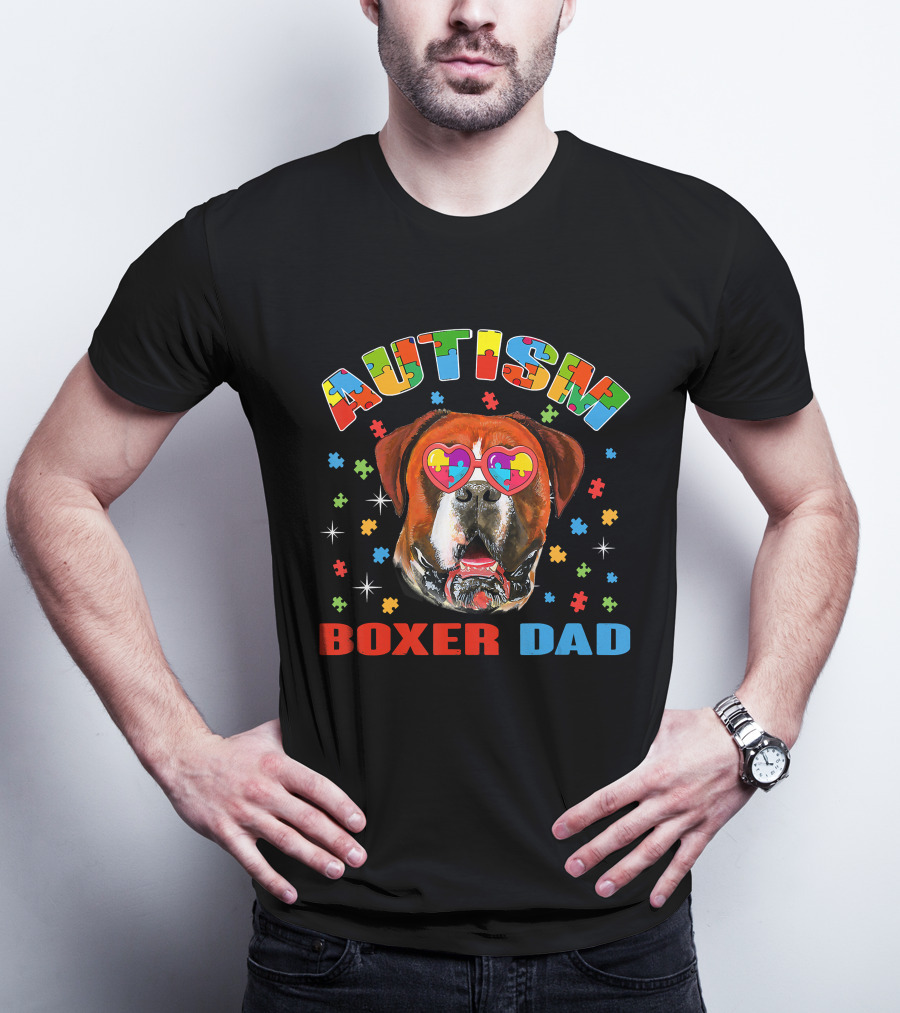 Autism Awareness Boxer Dog Dad With Heart Puzzle Glasses T-Shirt
