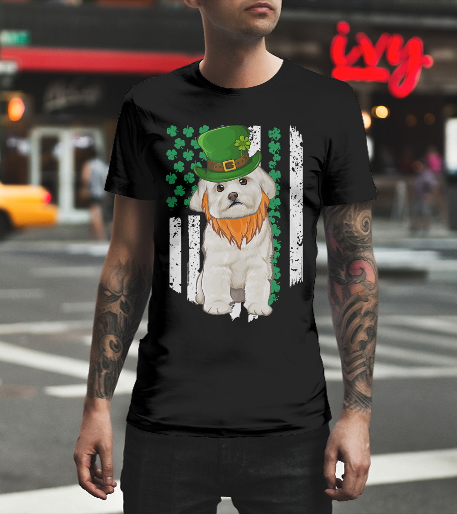 Maltese Dog With Leprechaun Hat And Shamrocks On Irish American Flag For St Patrick's Day T-Shirt