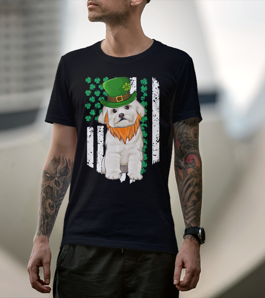 Maltese Dog With Leprechaun Hat And Shamrocks On Irish American Flag For St Patrick's Day T-Shirt
