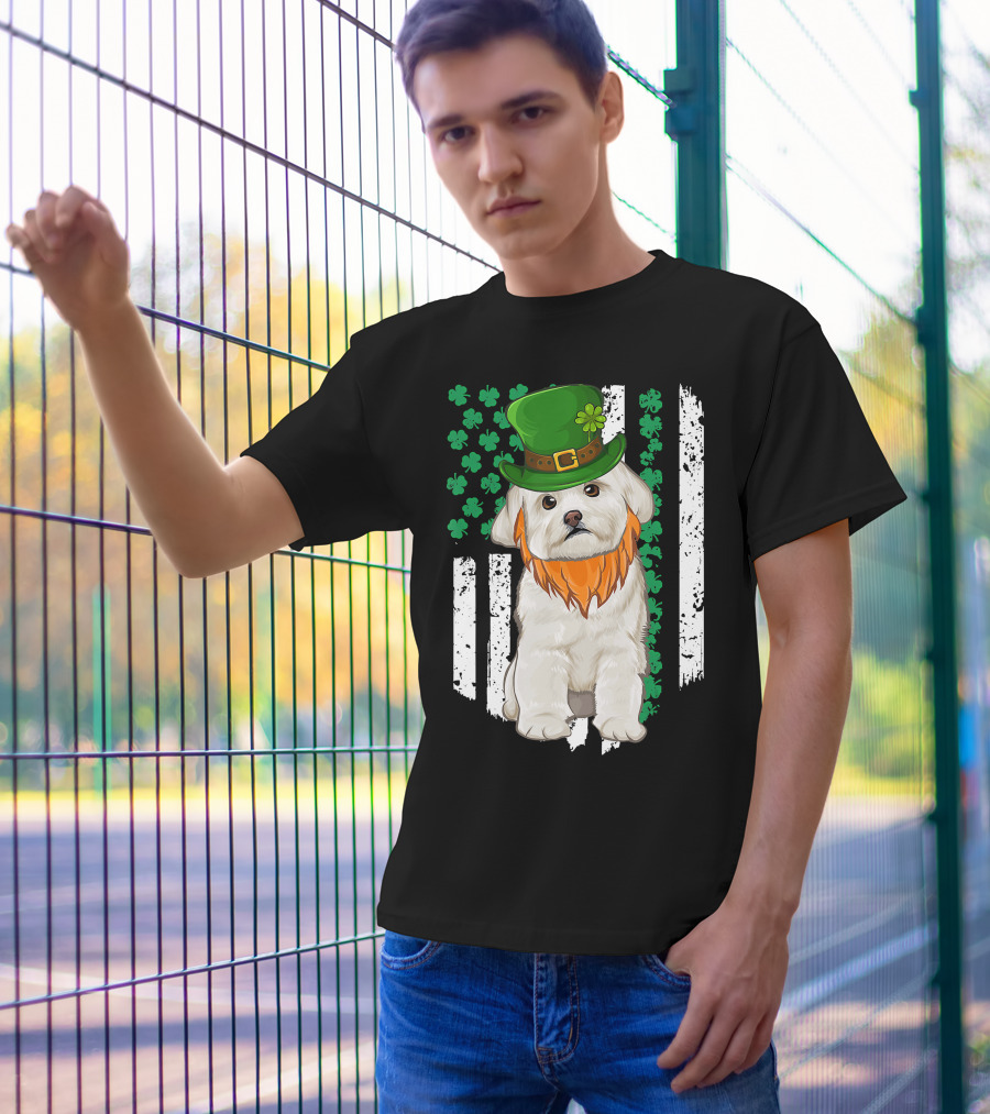 Maltese Dog With Leprechaun Hat And Shamrocks On Irish American Flag For St Patrick's Day T-Shirt