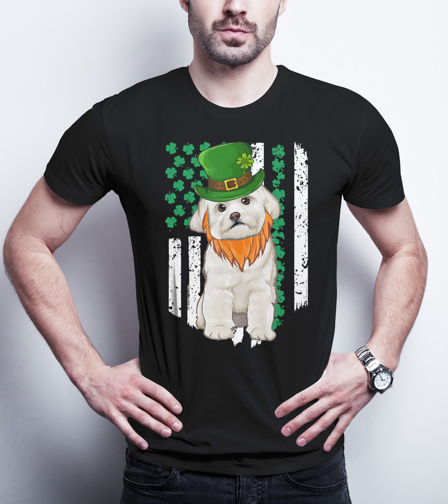 Maltese Dog With Leprechaun Hat And Shamrocks On Irish American Flag For St Patrick's Day T-Shirt
