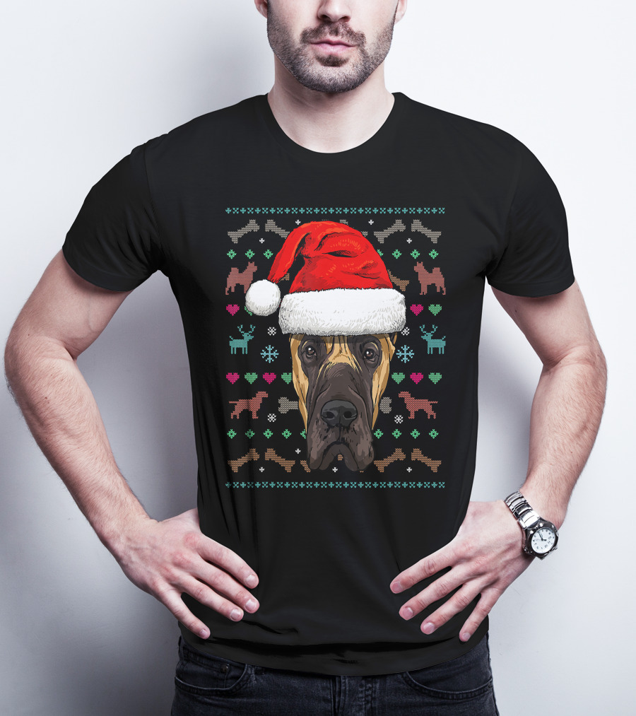 Great Dane Santa Hat Ugly Christmas Dog Reindeer Snowflake Hearts T-Shirt