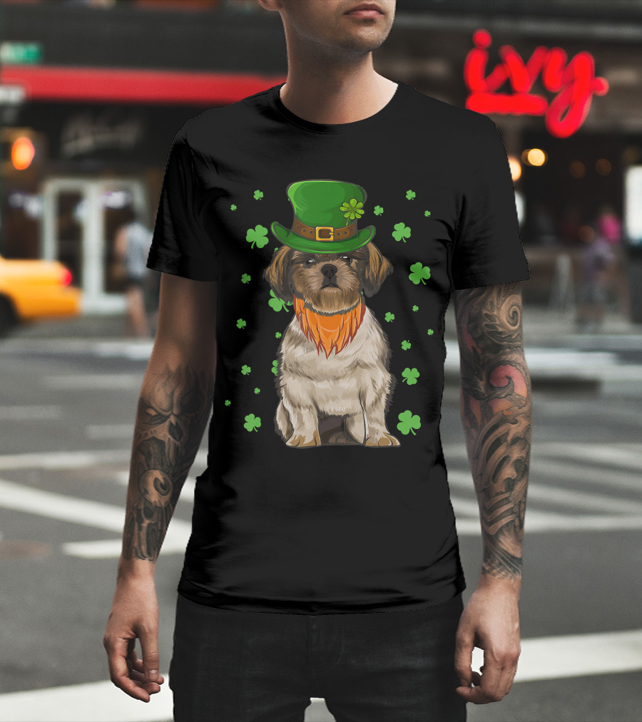 St Patricks Day Shih Tzu Dog With Green Hat And Shamrocks T-Shirt