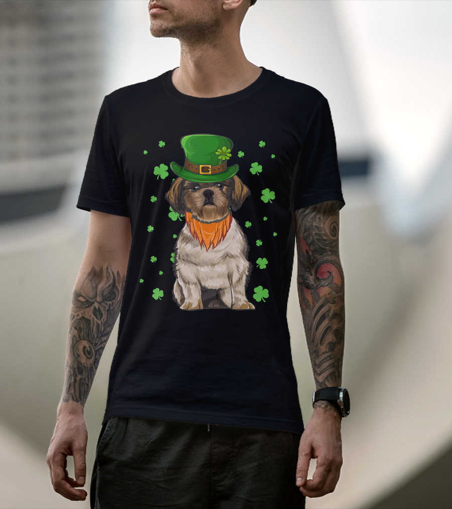 St Patricks Day Shih Tzu Dog With Green Hat And Shamrocks T-Shirt