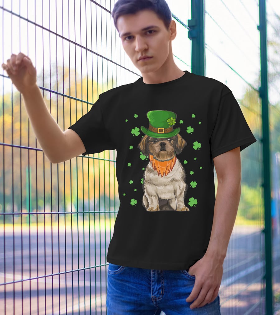 St Patricks Day Shih Tzu Dog With Green Hat And Shamrocks T-Shirt