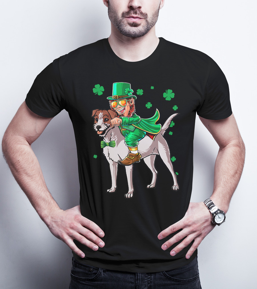 Leprechaun Jack Russell Terrier Riding Shamrock Luck T-Shirt